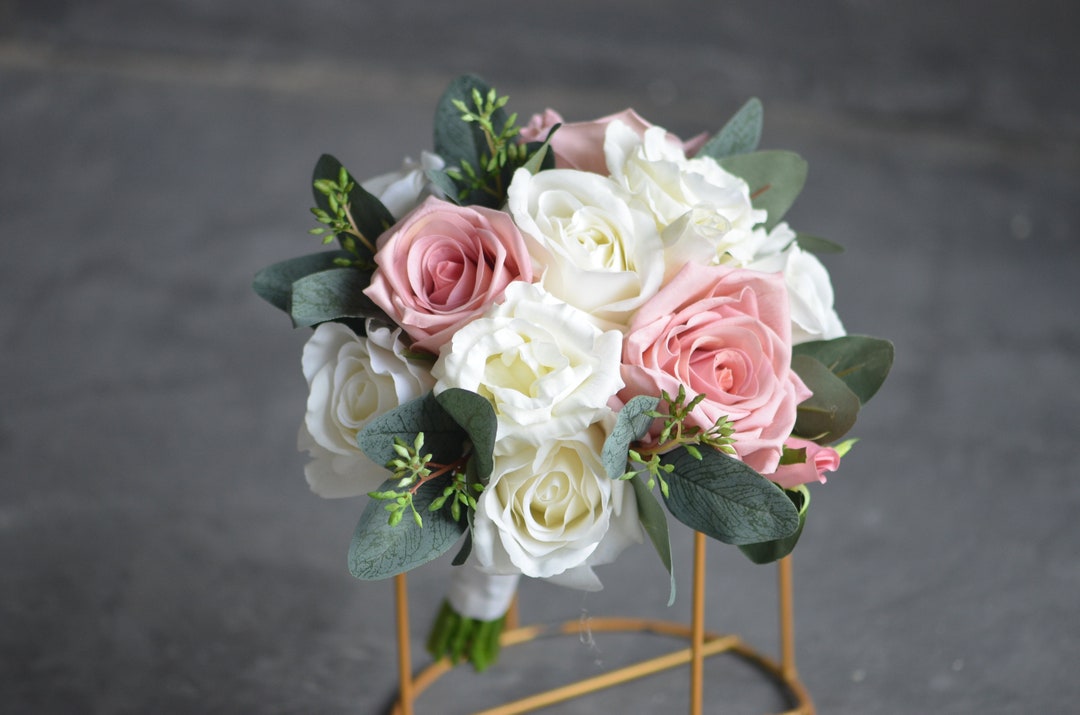 Dusty Pink Ivory Roses Bridal Bouquet, Real Touch Rose Pink Roses, Pink ...