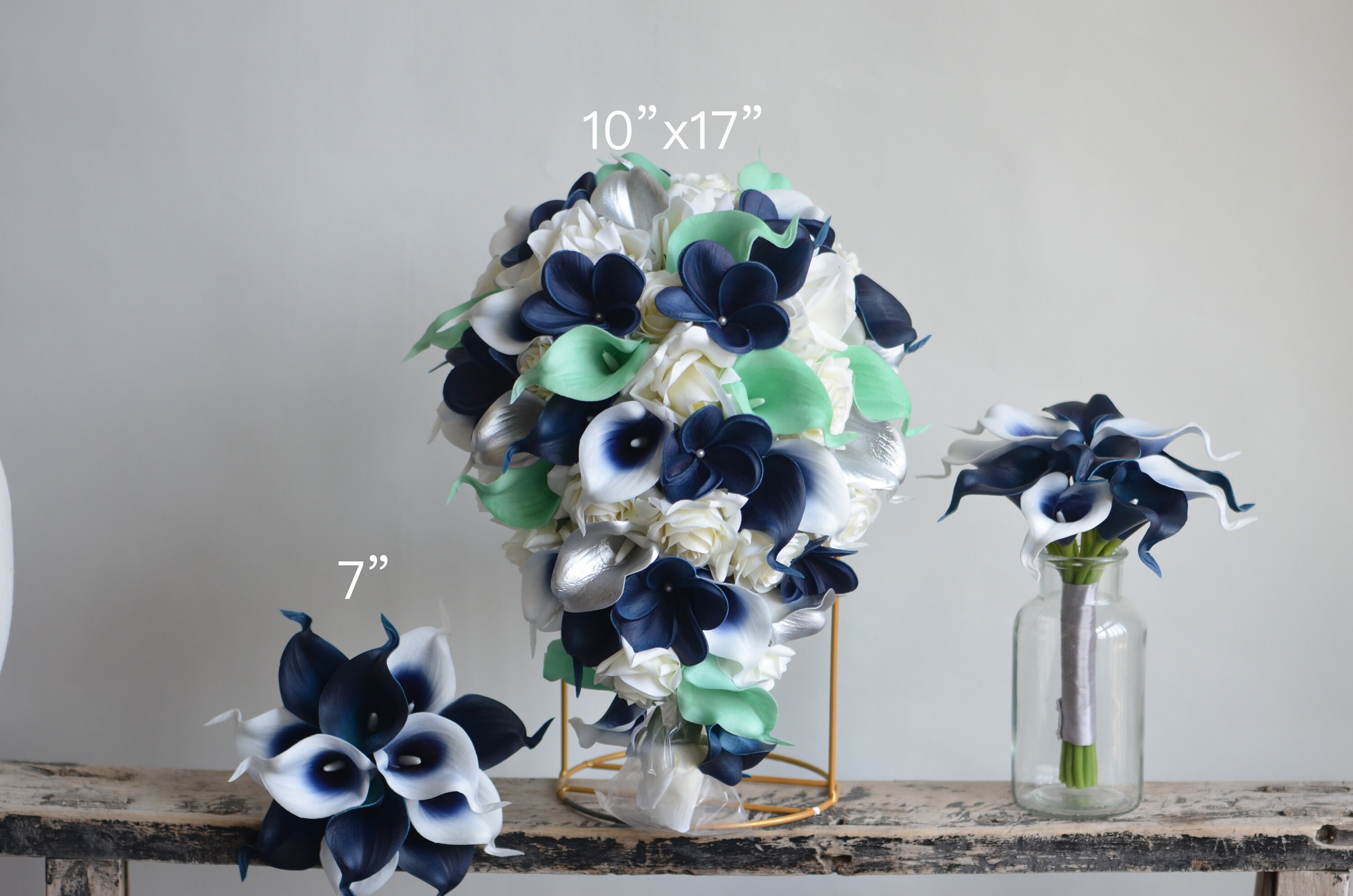 Navy|mint|silver Faux Flowers Bridal Bouquet Bridesmaids Bouquet, Real ...