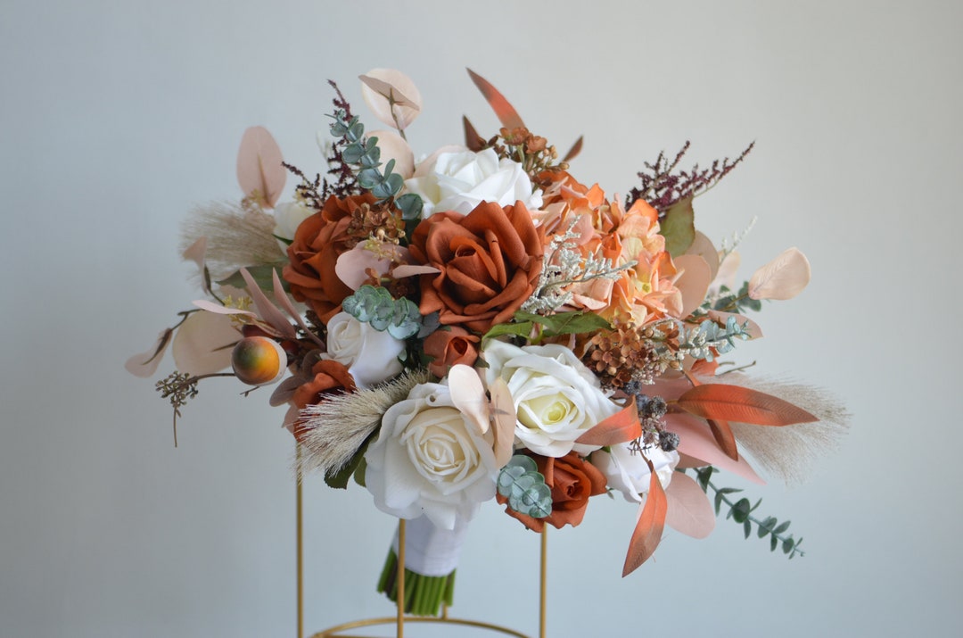 Fake Flowers Burnt Orange Ivory White Fall Boho Wedding Bouquet, Rustic ...