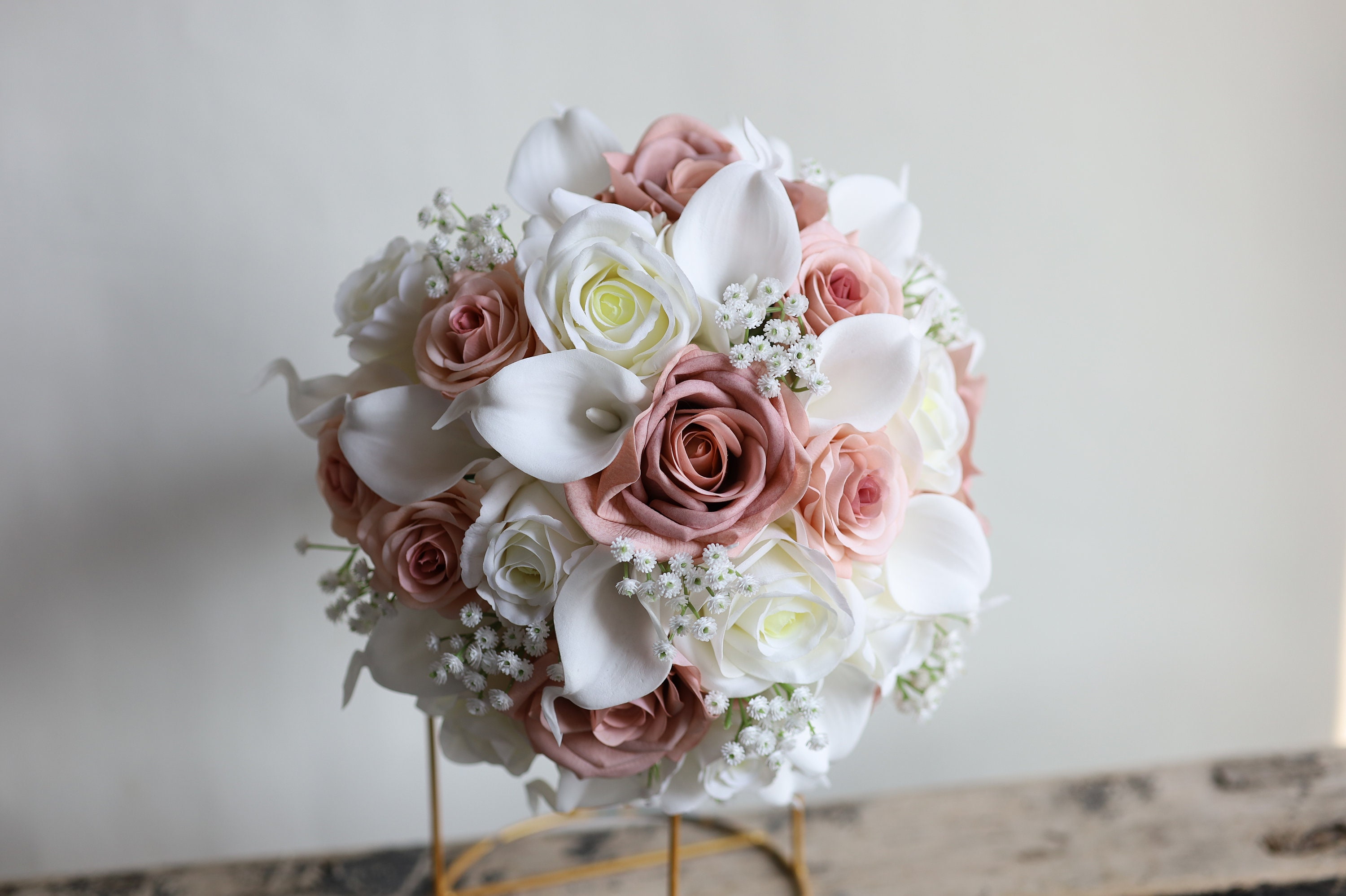 Dusty Smoky Pink and White Wedding Bouquet, Real Touch Roses, White ...