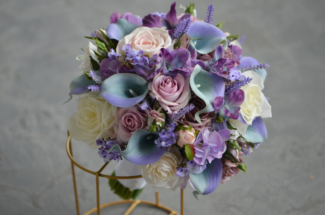 Aqua Purple Wild Bridal Bouquet, Mauve Roses, Blue Purple Orchids ...