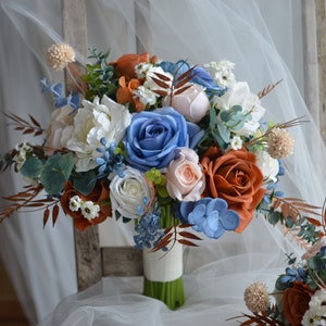 Faux Dusty Blue and Burnt Orange White Wedding Bouquets Real - Etsy