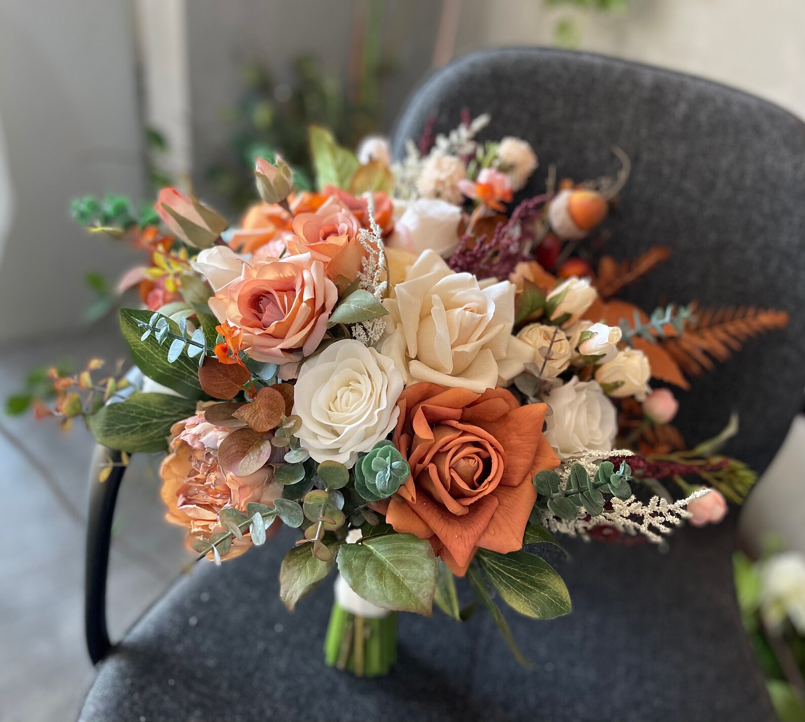 Wedding Bouquet With Rust Burnt Orange Ivory Flower, Bridesmaids ...