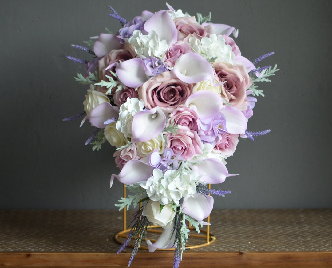 Lilac Mauve Wedding Bouquet, Dusty Mauve Pink Roses, Real Touch Flowers ...