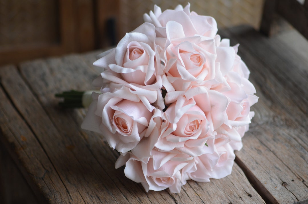 Faux 8" Blush Pink Real Touch Rose Bouquet, Simple Rose Bridesmaids ...