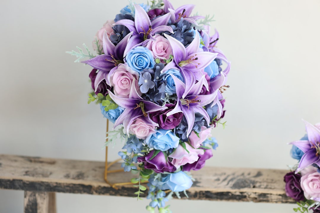 Fake Flowers Bouquet in Blue Purple Roses, Real Touch Tiger Lilies ...