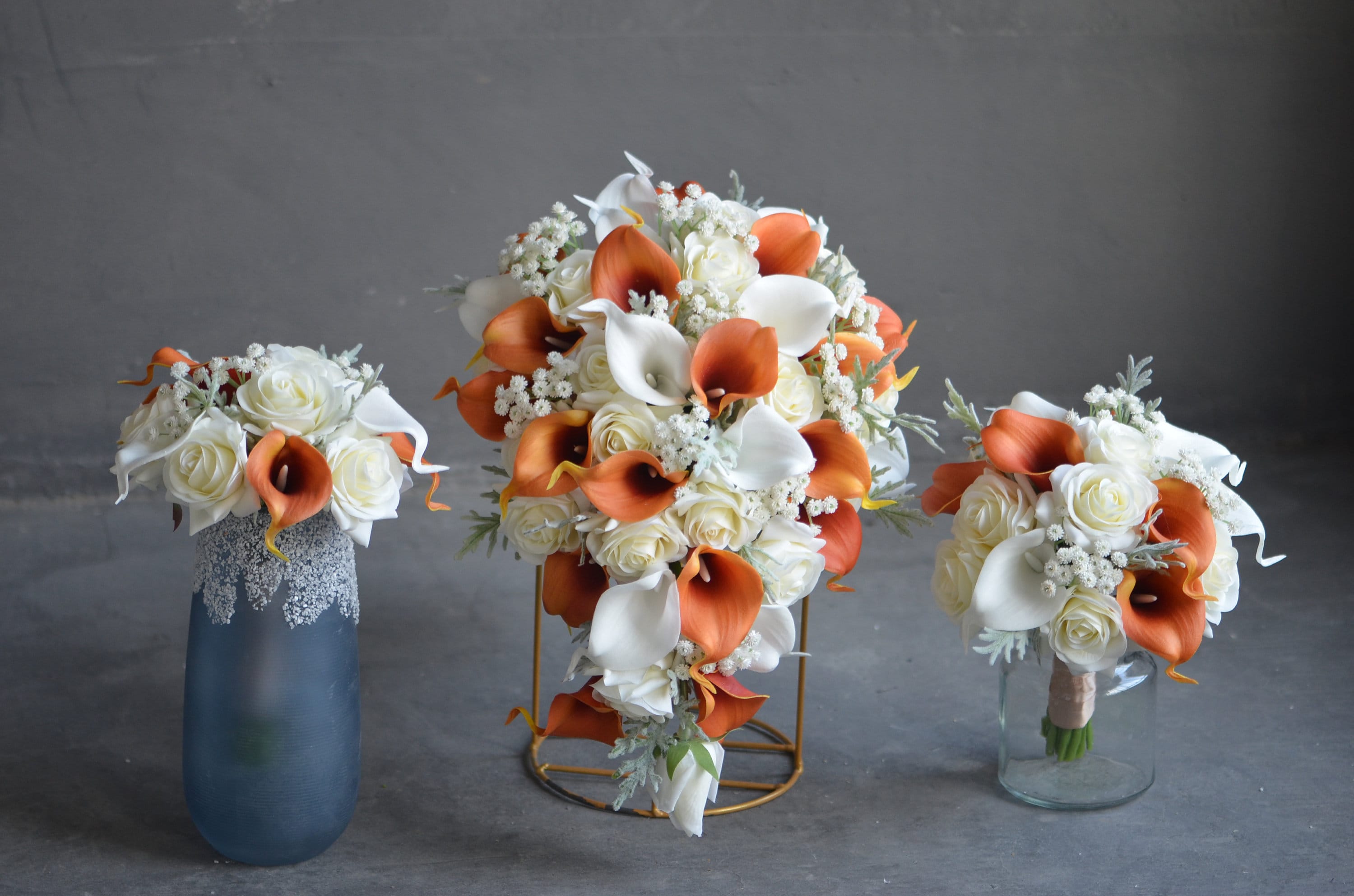 Burnt Orange and Ivory Bridal Bouquet, Real Touch Calla Lilies, Ivory Roses Bridal Bouquet, Fall ...