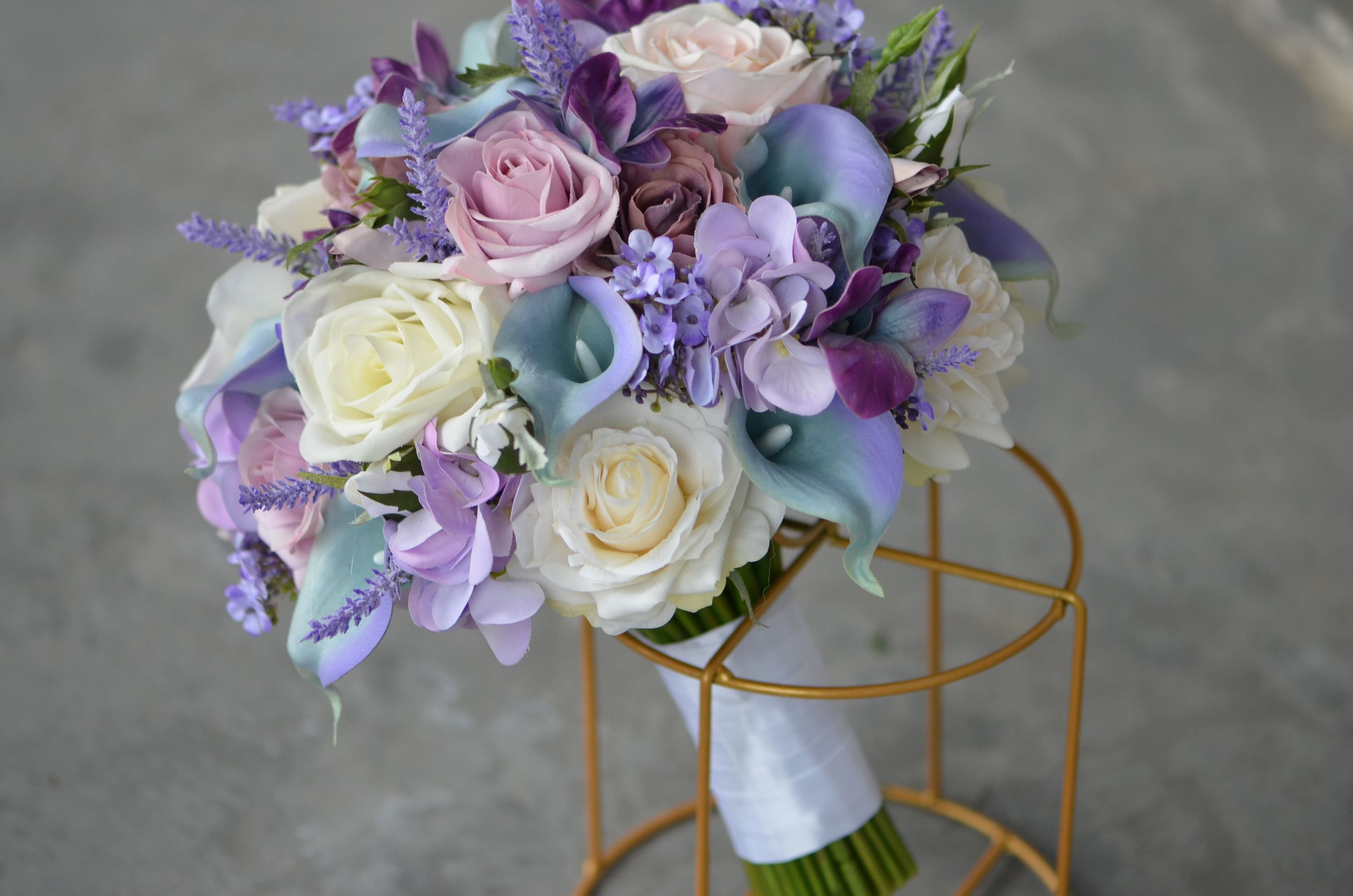 Aqua Purple Wild Bridal Bouquet, Mauve Roses, Blue Purple Orchids ...