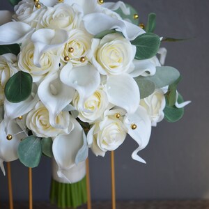 Ivory Greenery Real Touch Roses Wedding Bouquet, Cream Sage Green Calla ...