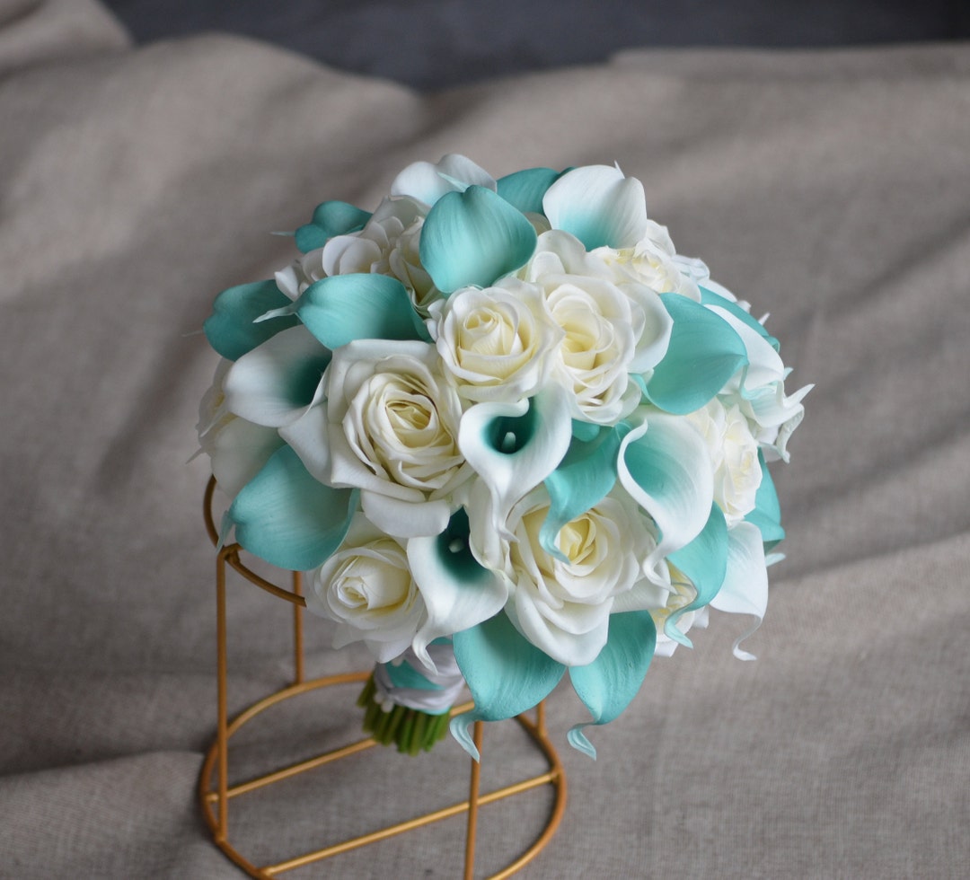 Turquoise Aqua Bridal Bouquets, Ivory Bridesmaids Bouquets, Real Touch ...