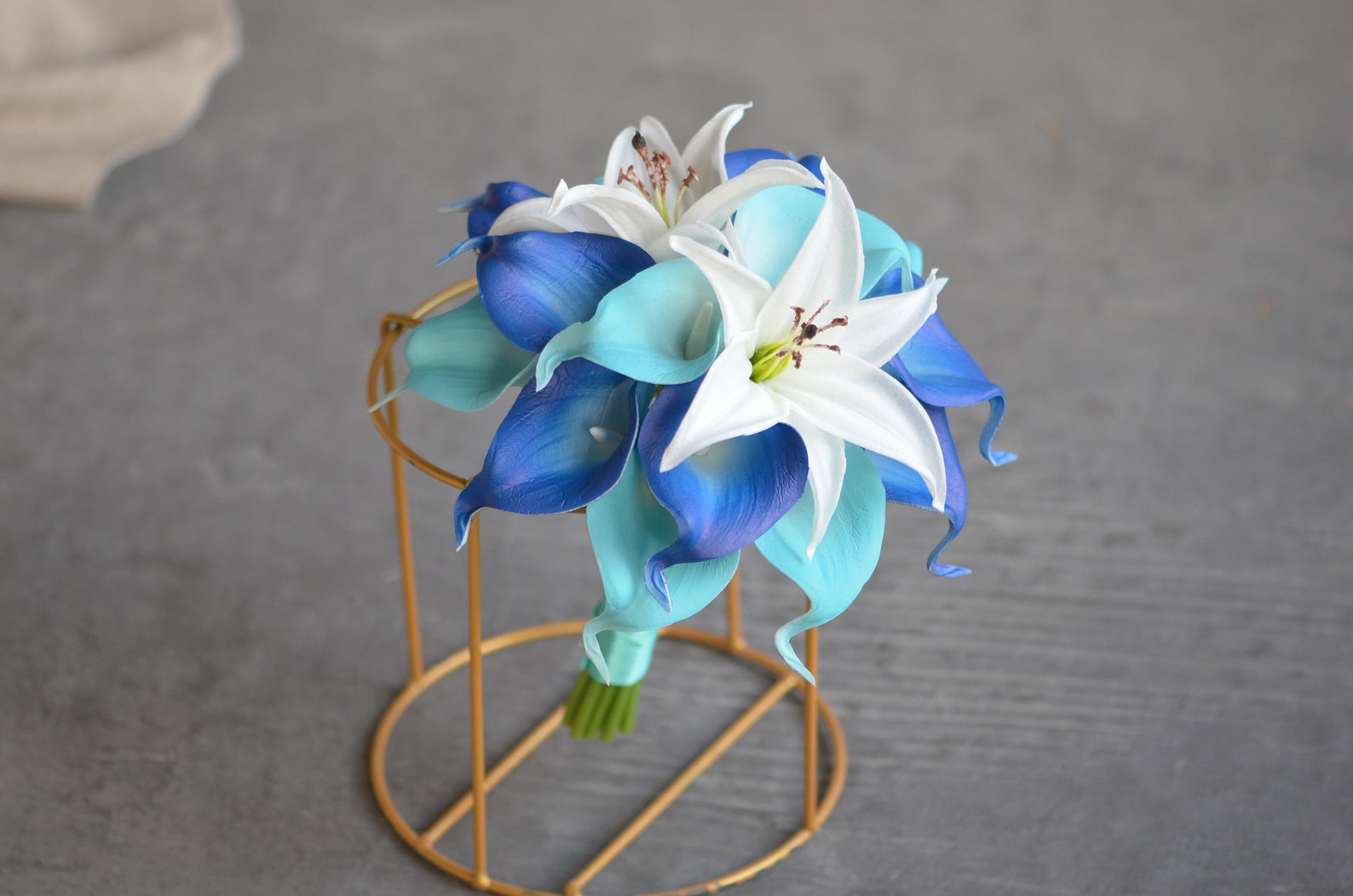 Royal Blue Turquoise Bridal Bouquet, Calla Lily, White Tiger Lily, Real ...