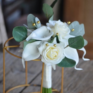 Ivory Greenery Real Touch Roses Wedding Bouquet, Cream Sage Green Calla ...