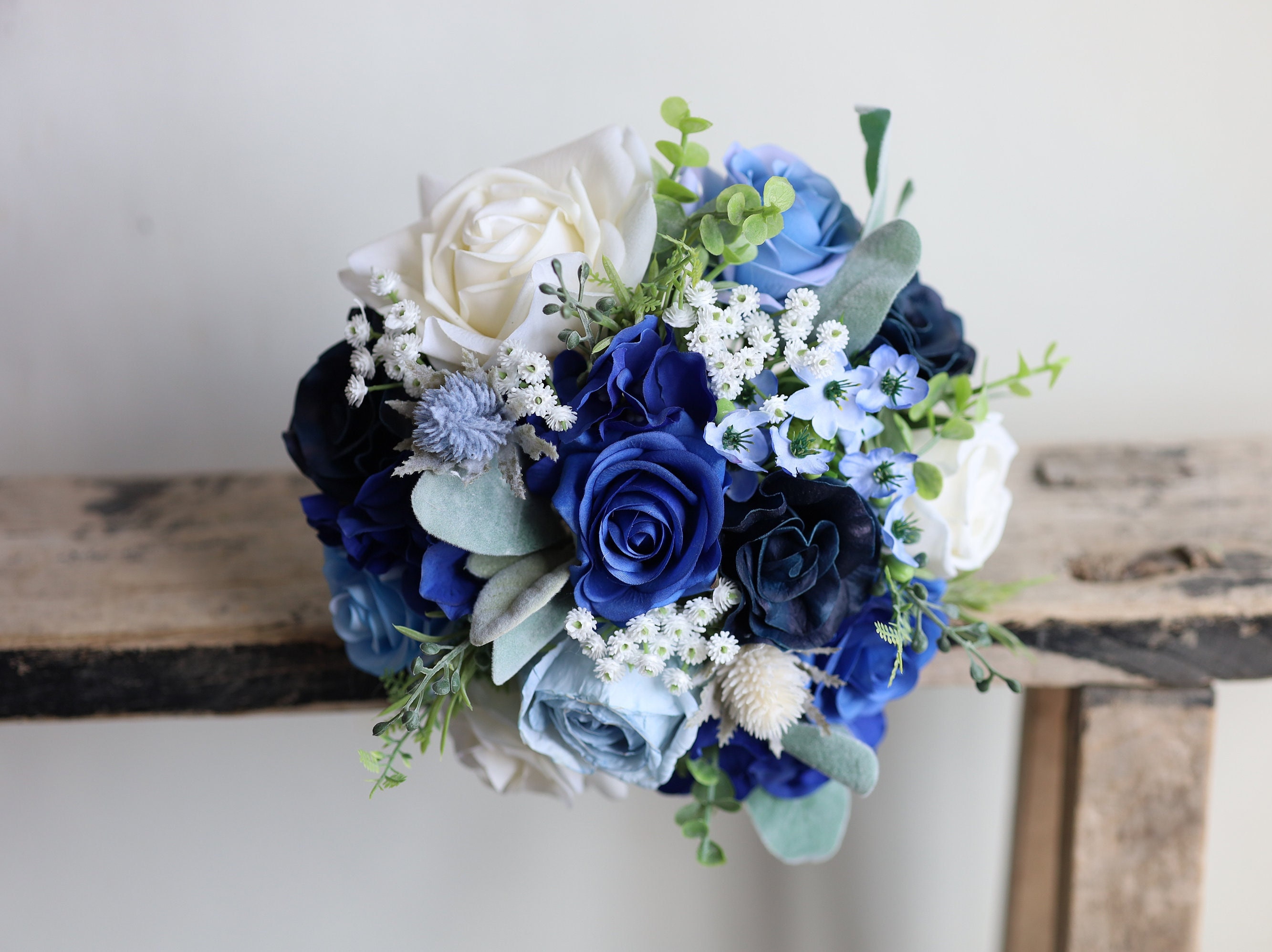 Faux Navy Blue/royal Blue/dusty Blue Wedding Bouquet, Boho Blues Bridal ...
