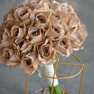 12 Beige Brown Real Touch Roses Bridal Bouquet, Light Brown Wedding ...