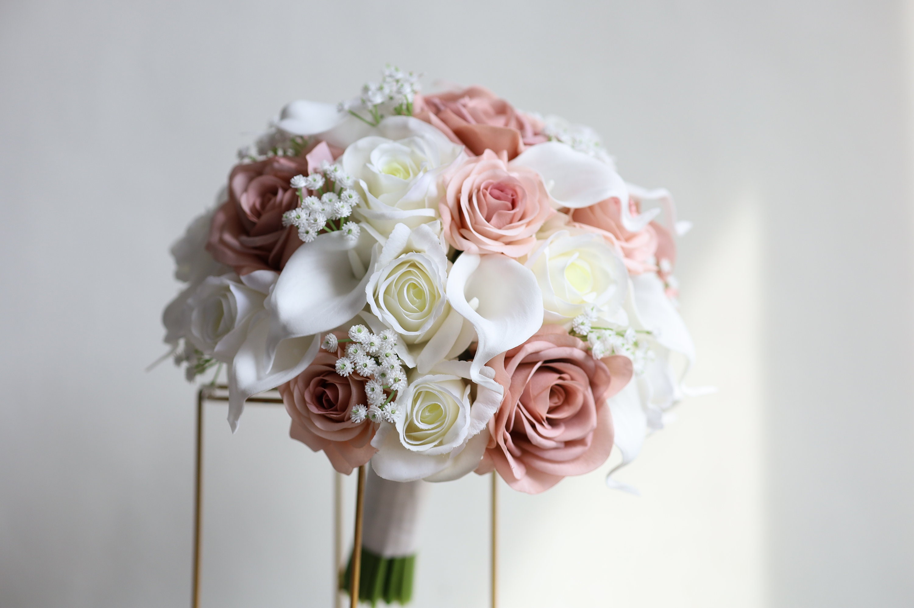Dusty Smoky Pink and White Wedding Bouquet, Real Touch Roses, White ...