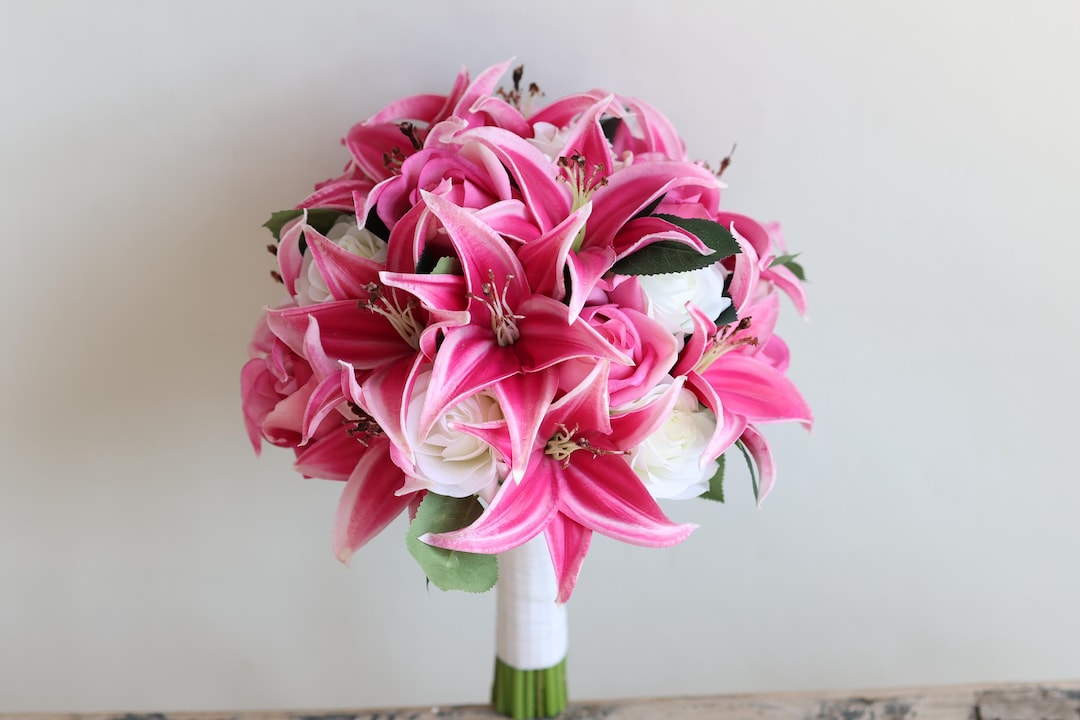 Artificial Hot Pink Real Touch Flowers Bridal Bouquet: Tiger Lily ...