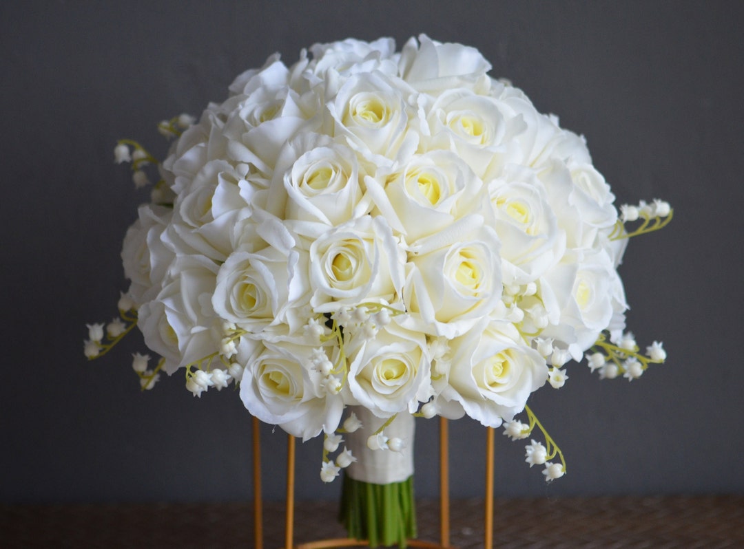 12" Ivory Real Touch Roses Bridal Bouquet, White Lily of Valley Wedding ...