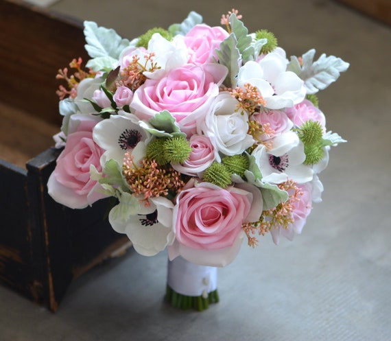 Light Pink Rose Ivory Bridal Bouquets Real Touch Anemones | Etsy