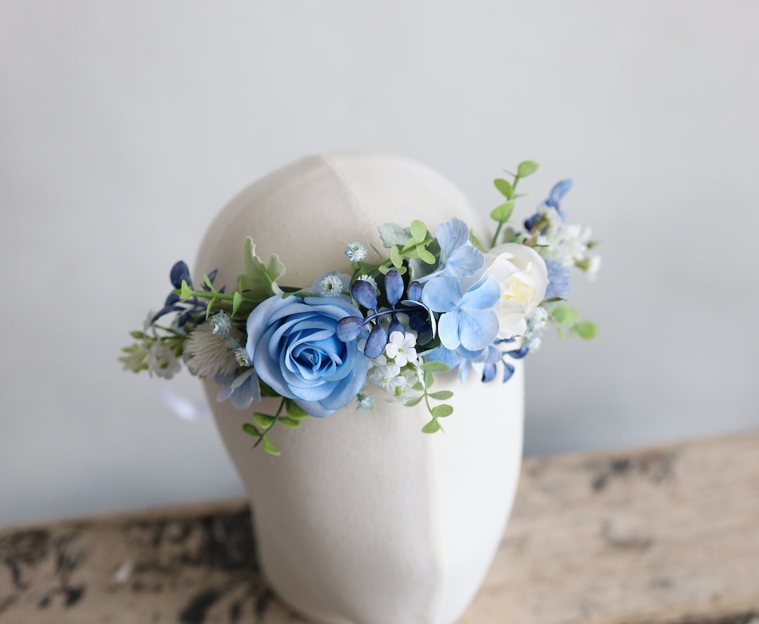Aritificial Blue Flowers Crown With Real Touch Rose, Hydrangeas Wedding ...