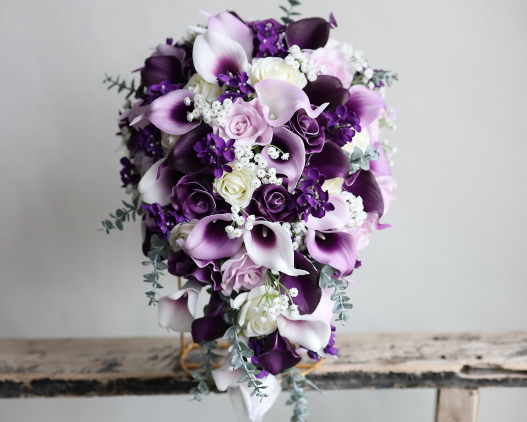 Fake Purple Flowers Boho Cascading Bridal Bouquet Plum Bridesmaids Bouquet Real Touch Calla