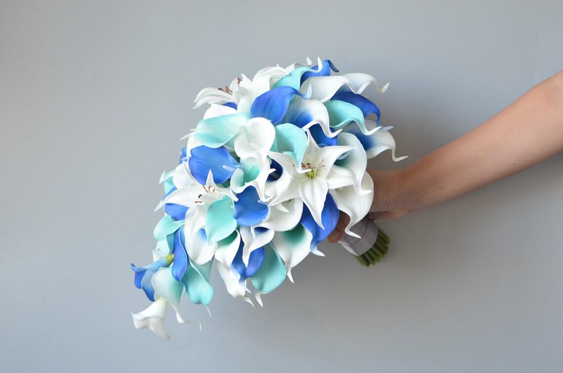 Royal Blue Turquoise Bridal Bouquet, Calla Lily, White Tiger Lily, Real ...