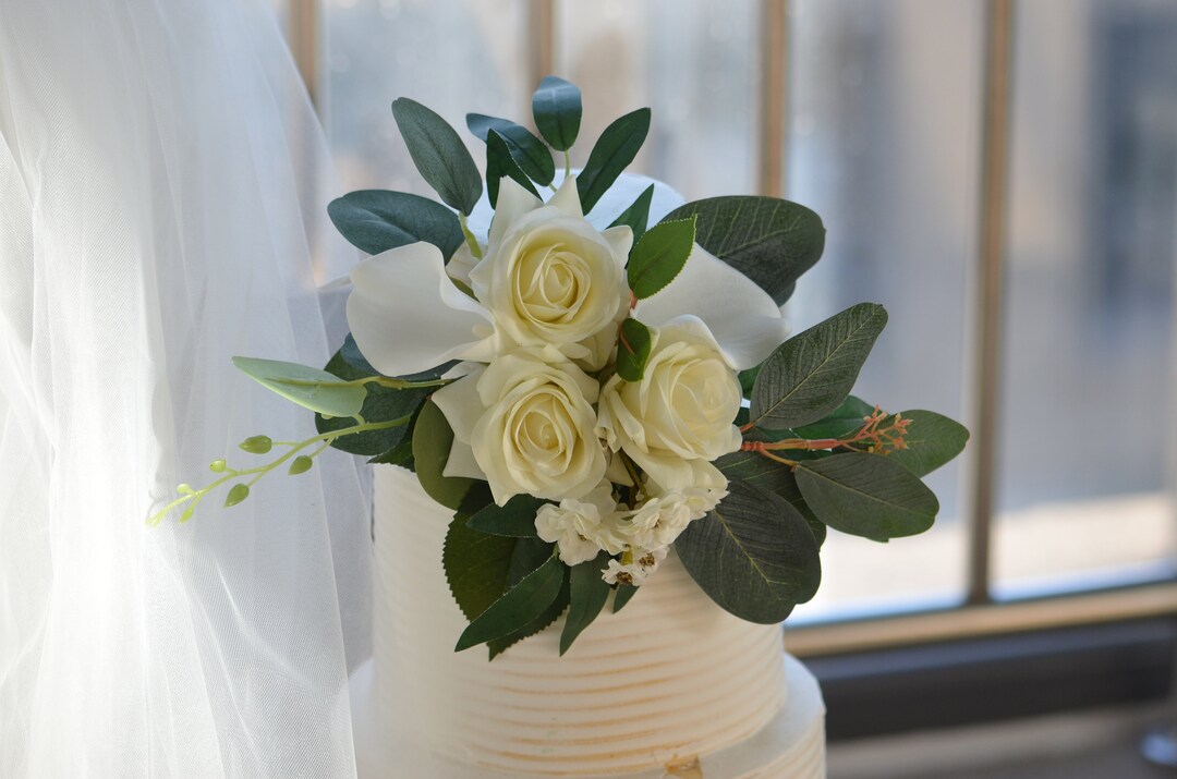 White Rose Calla Lily Cake Topper Flowers for Wedding, Ivory Cake ...