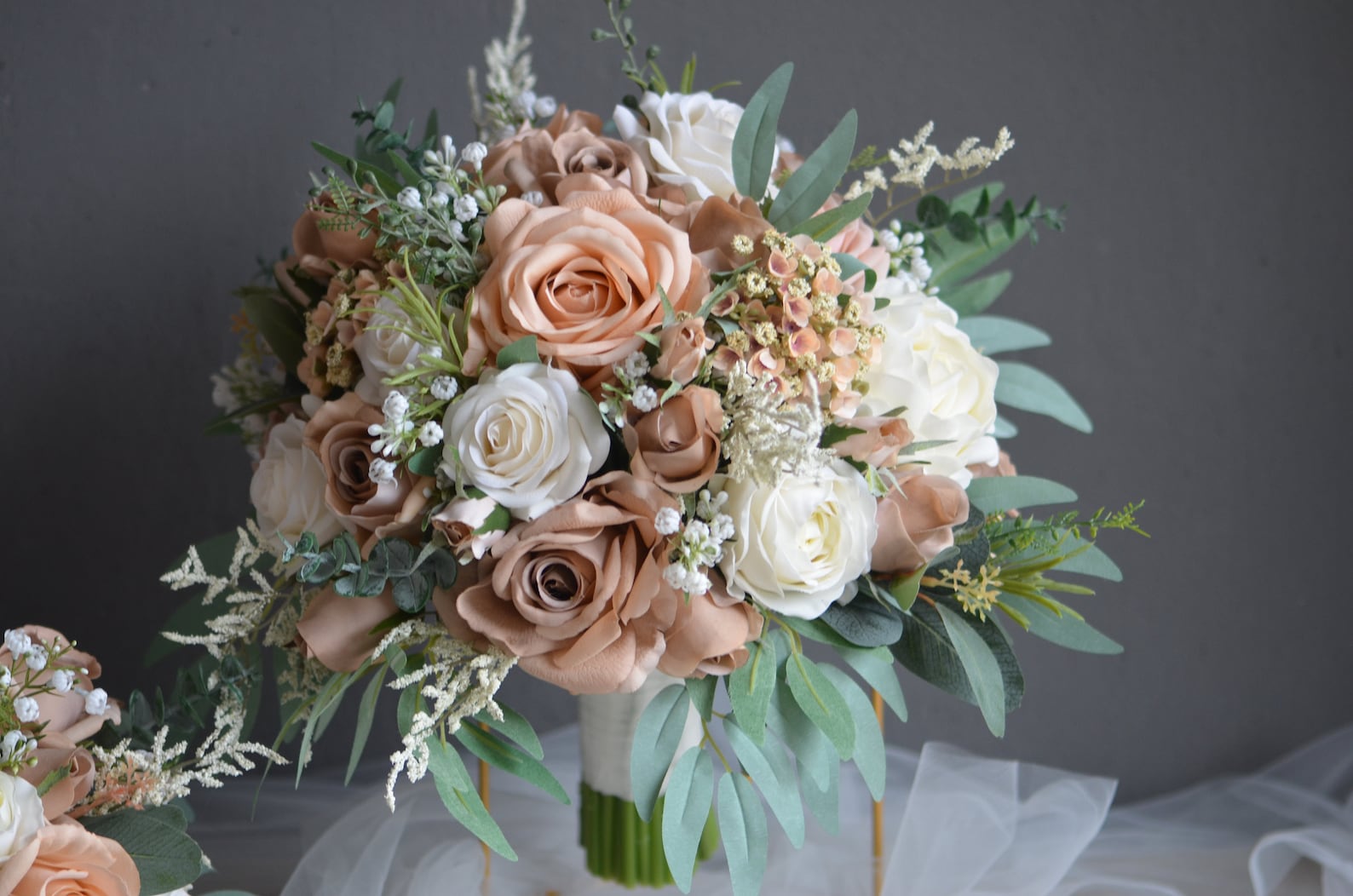 Fake Beige Brown Ivory Real Touch Roses Bridal Bouquet Peach - Etsy