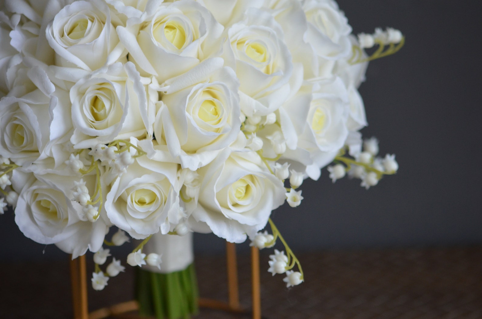 12" Ivory Real Touch Roses Bridal Bouquet, White Lily of Valley Wedding ...