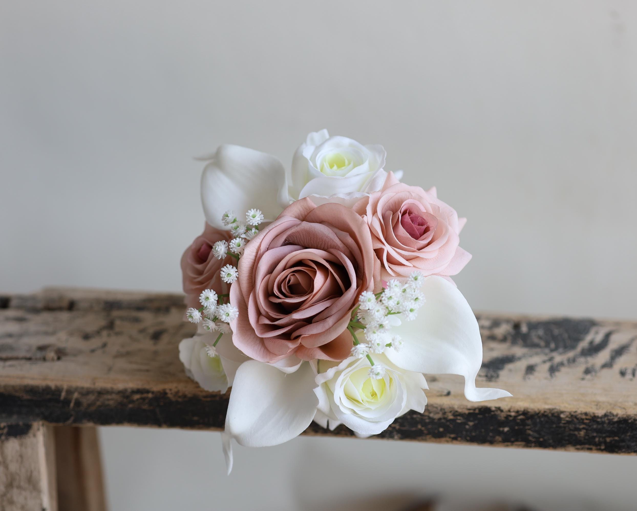 Dusty Smoky Pink and White Wedding Bouquet, Real Touch Roses, White ...