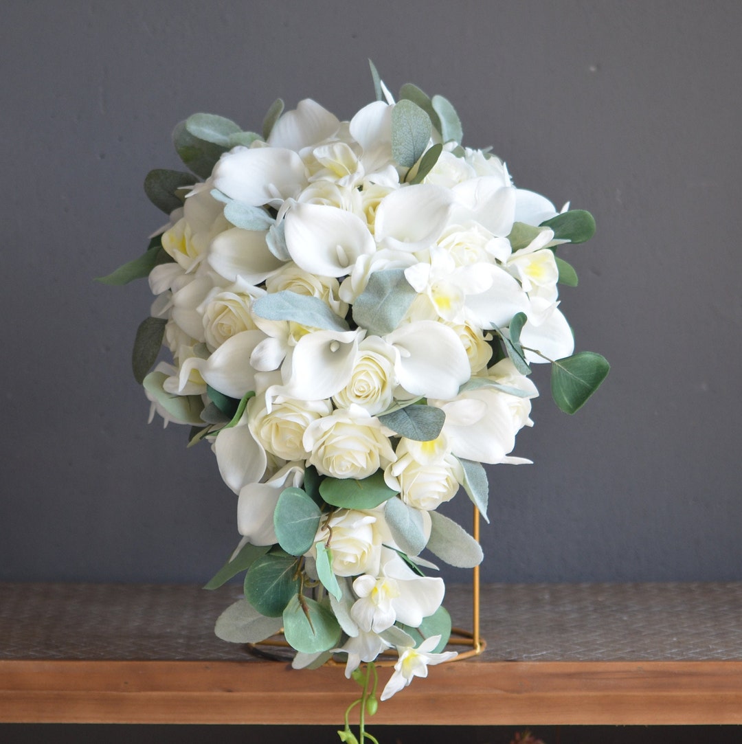 Fake Ivory White Wedding Bouquets, Ivory Real Touch Roses, White ...