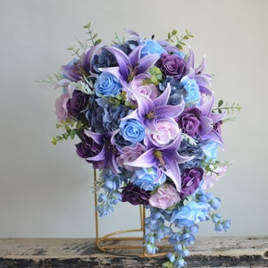 Faux Dusty Blue Purple Wedding Bouquet, Real Touch Tiger Lilies, Roses ...