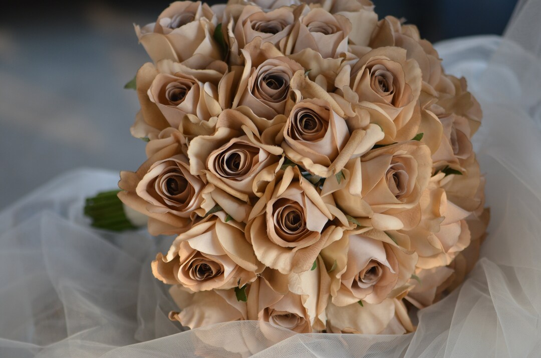 12 Beige Brown Real Touch Roses Bridal Bouquet, Light Brown Wedding ...