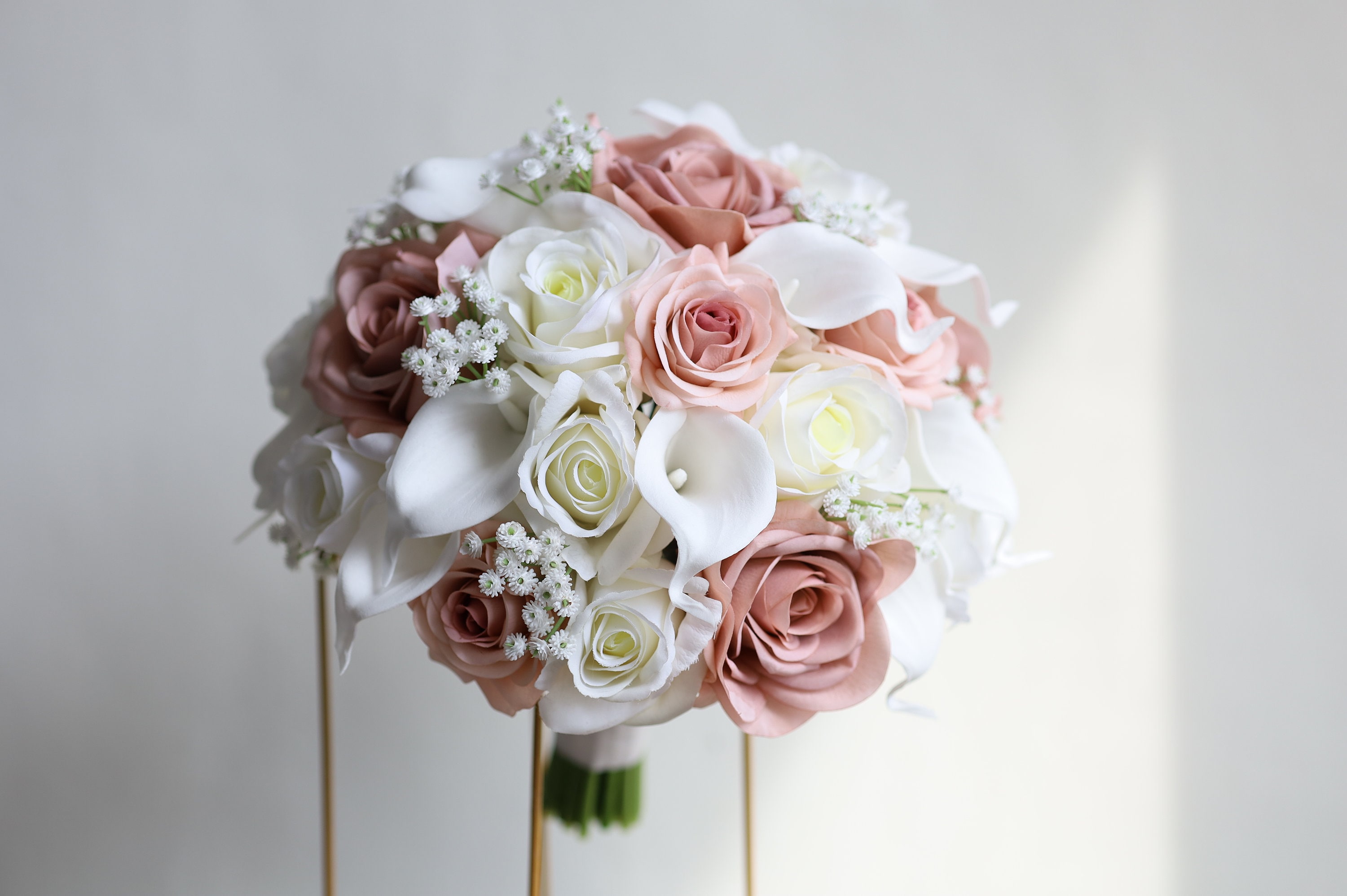 Dusty Smoky Pink and White Wedding Bouquet, Real Touch Roses, White ...