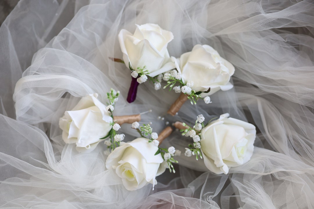 Faux Real Touch Cream Ivory Rose Boutonnieres, Wedding Wrist Corsage ...