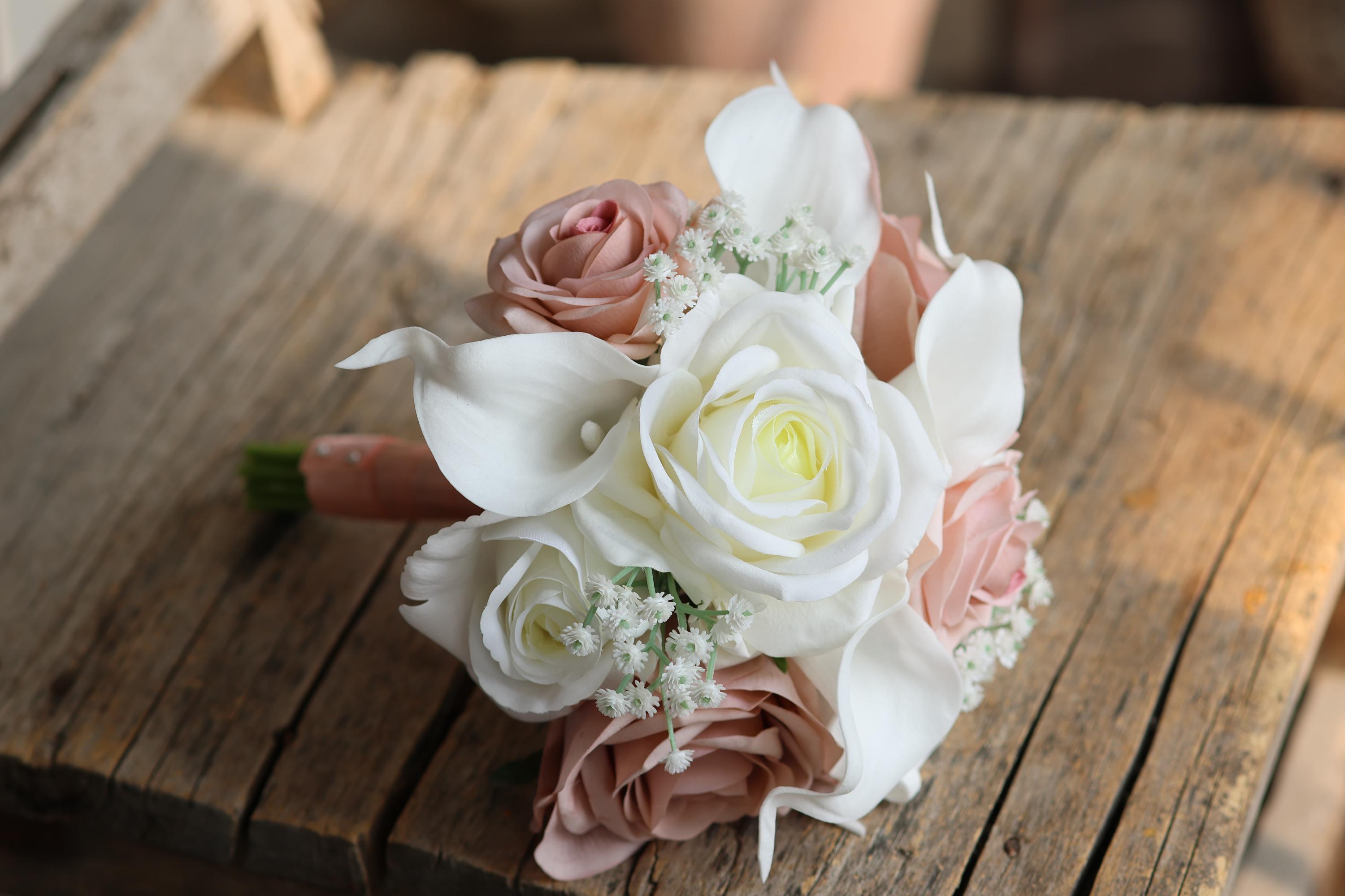 Dusty Smoky Pink and White Wedding Bouquet, Real Touch Roses, White ...
