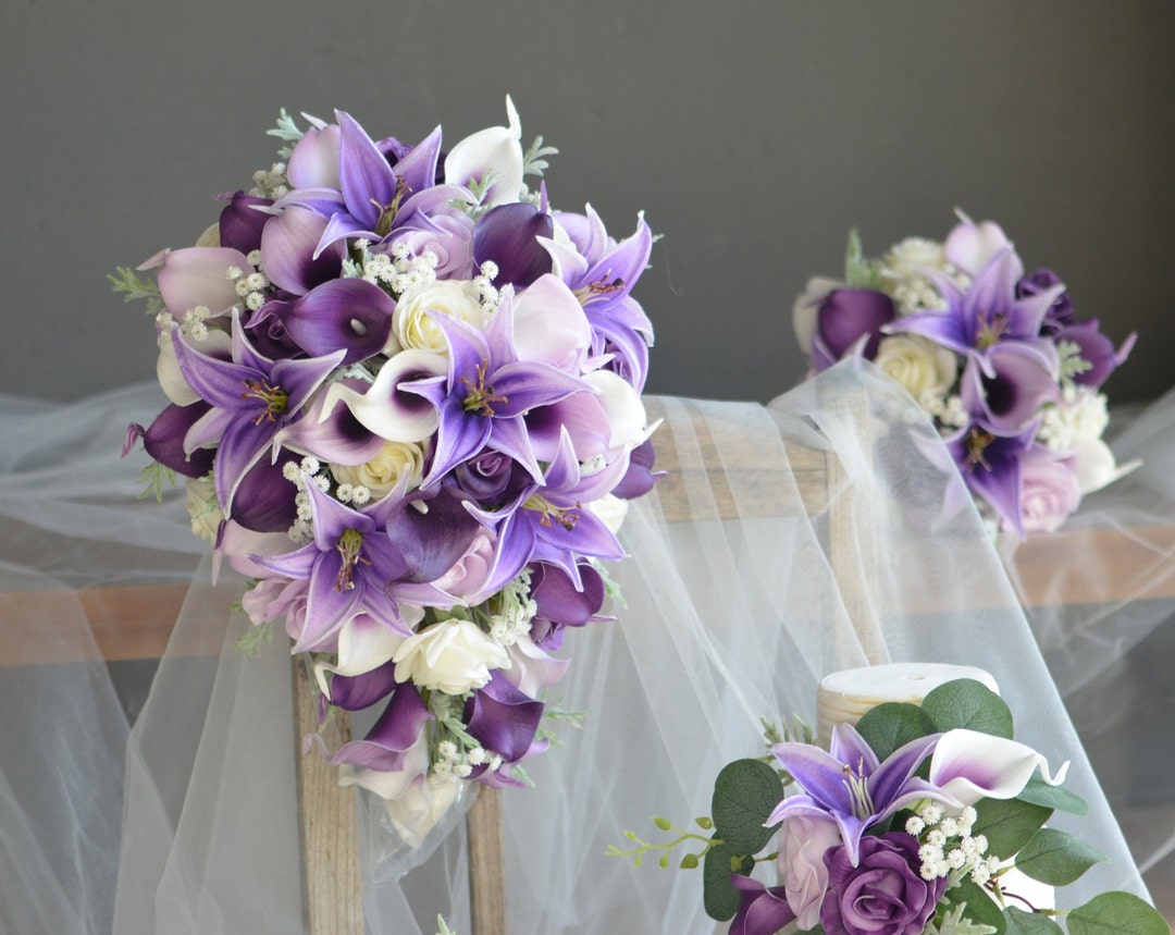 Fake Purple Cascading Bridal Bouquet, Plum Lilac Bridesmaids Bouquet ...