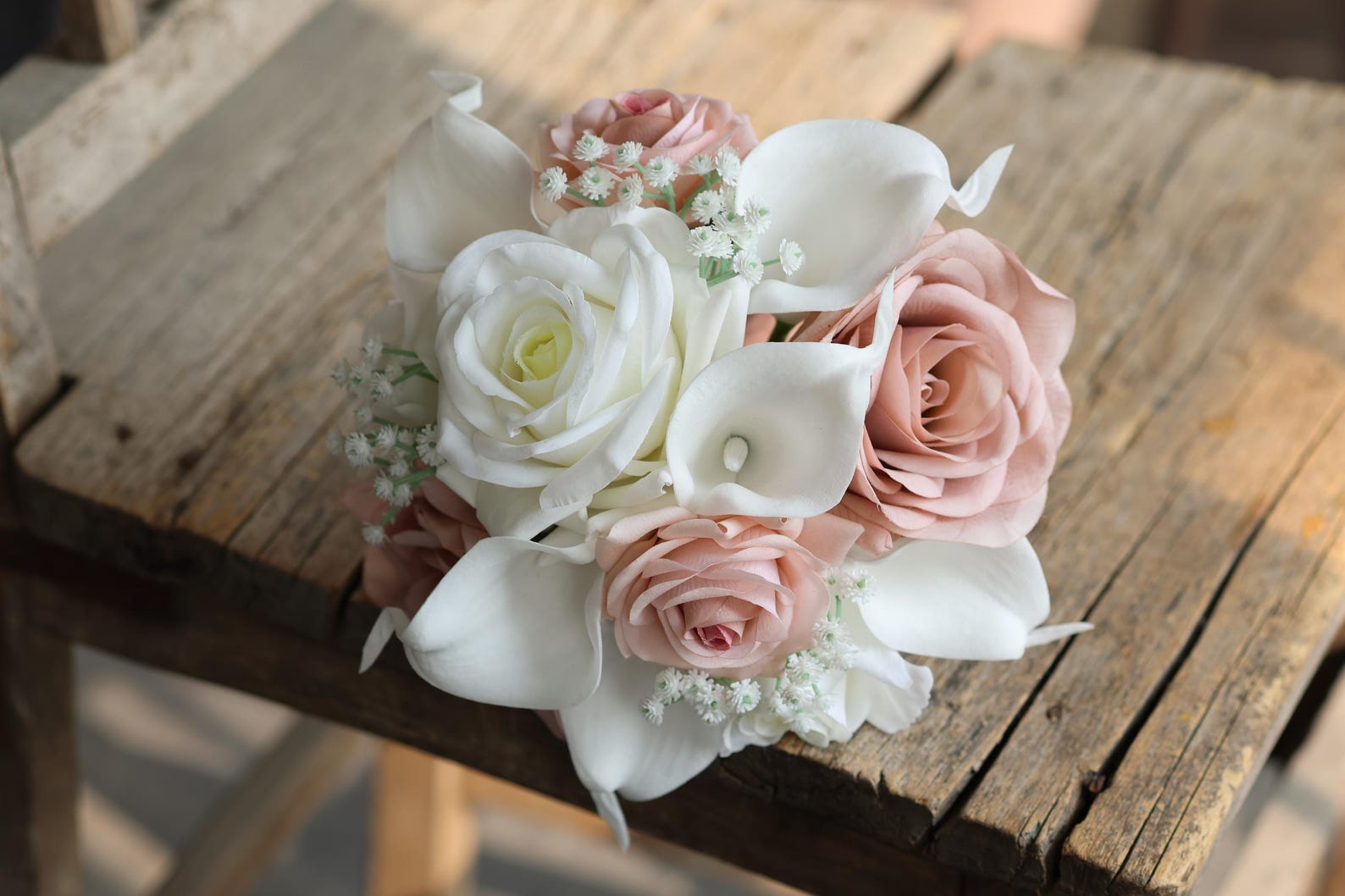 Dusty Smoky Pink and White Wedding Bouquet, Real Touch Roses, White ...