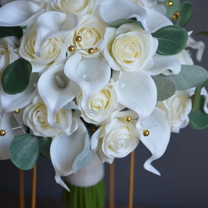 Ivory Greenery Real Touch Roses Wedding Bouquet, Cream Sage Green Calla ...
