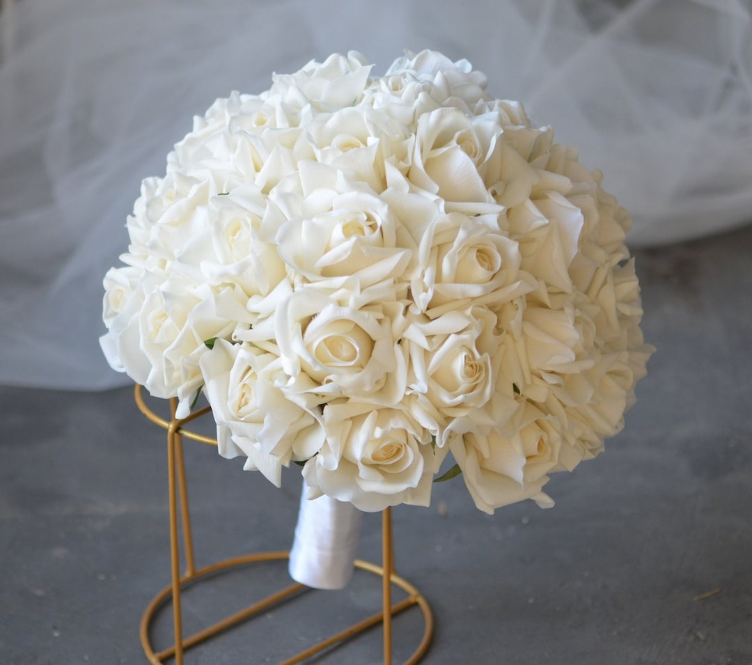 12" Real Touch Faux Roses Bridal Bouquet, Artificial Morandi White ...