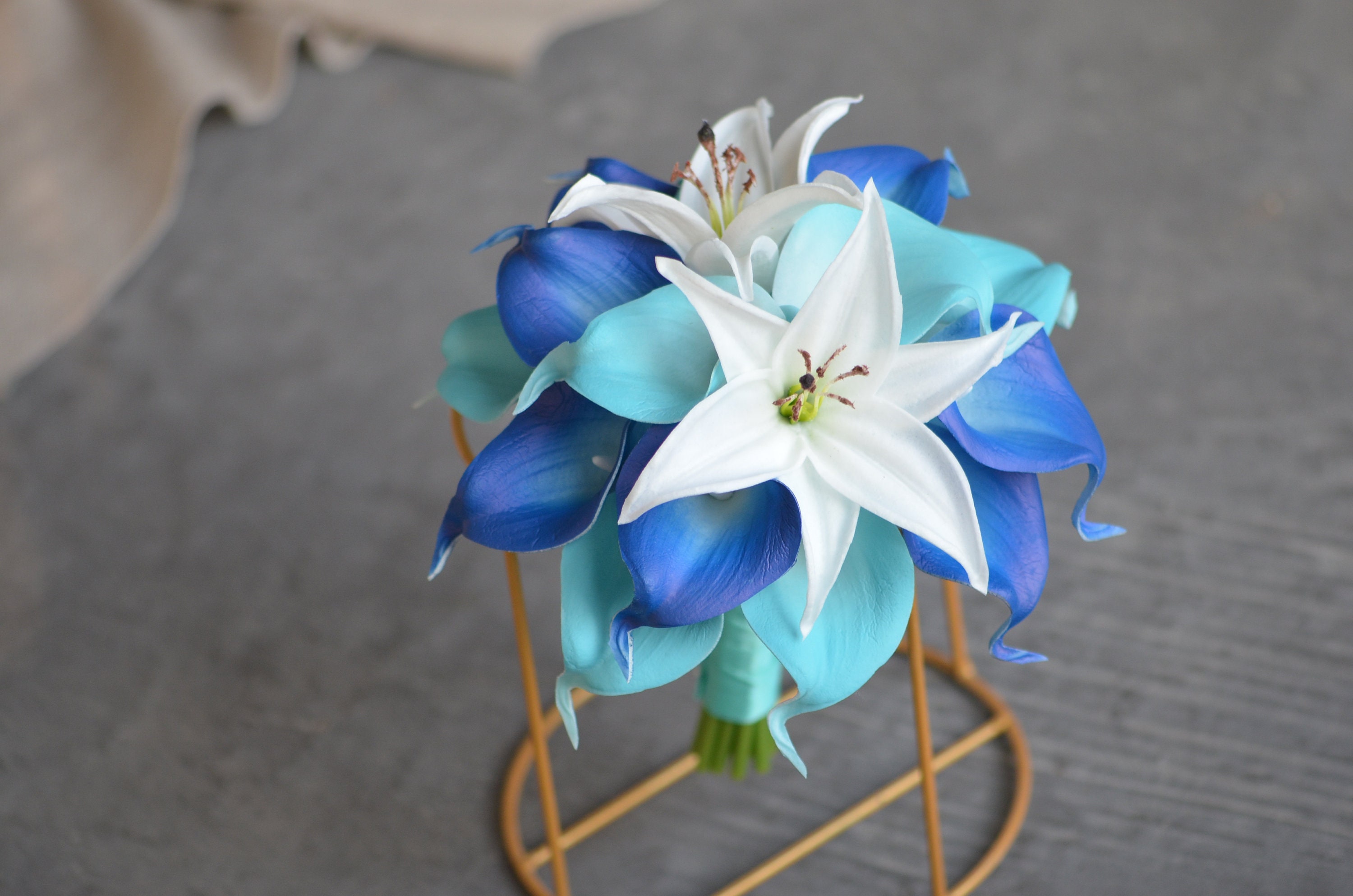 Royal Blue Turquoise Bridal Bouquet, Calla Lily, White Tiger Lily, Real ...