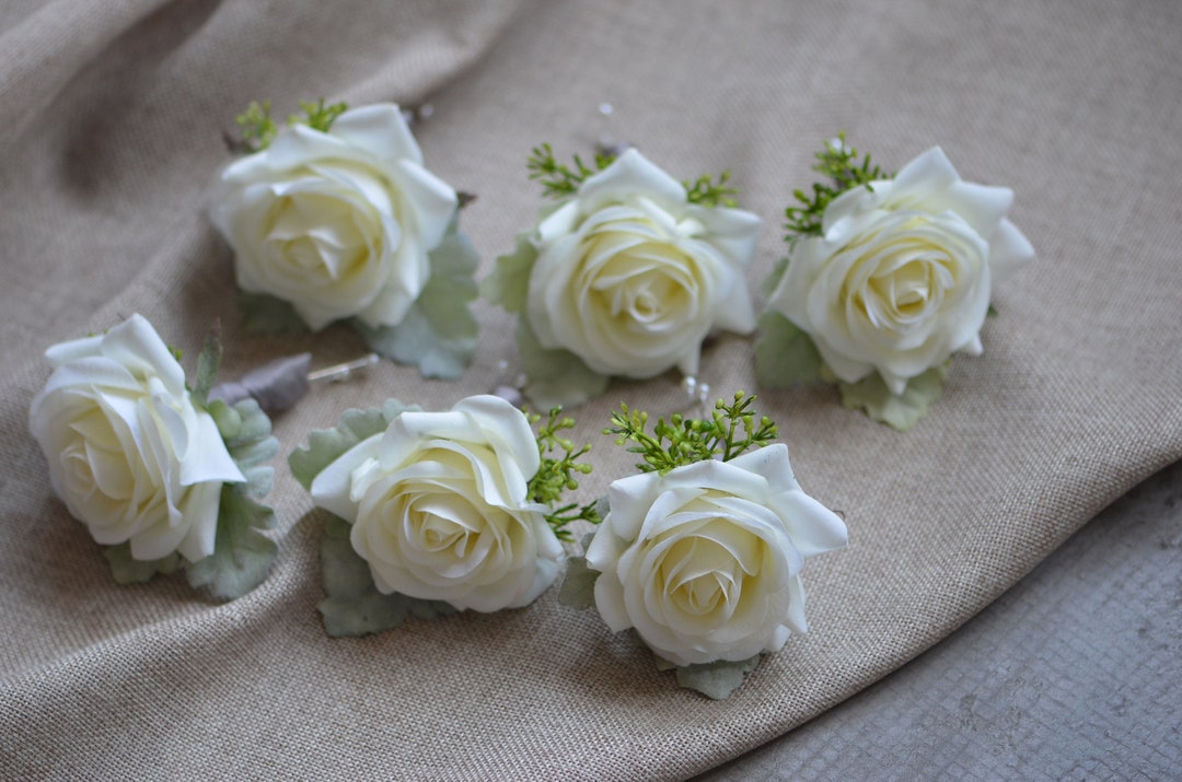 Fake Ivory Rose Boutonnieres, Faux Real Touch Ivory Roses, Dusty Leaves ...