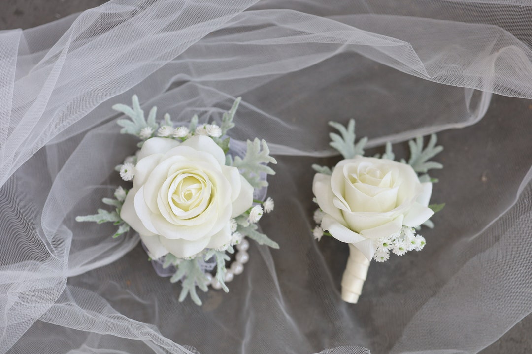 Real Touch Cream Ivory Faux Rose Boutonnieres, Wedding Wrist Corsage ...