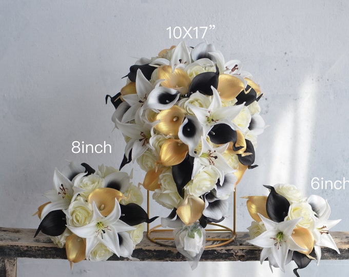 Black and Gold Eucalyptus Boho Artificial Bridal Bouquet Gold Wedding ...