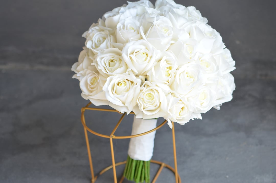 Faux Ivory Real Touch Roses Bridal Bouquet, Cream White Wedding ...