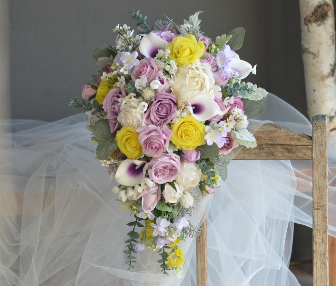 Lilac and Yellow Cascading Wedding Bouquet, Dusty Lilac, Lavender Real ...