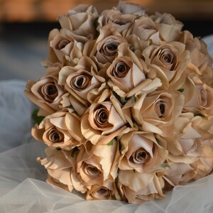 12 Beige Brown Real Touch Roses Bridal Bouquet, Light Brown Wedding ...