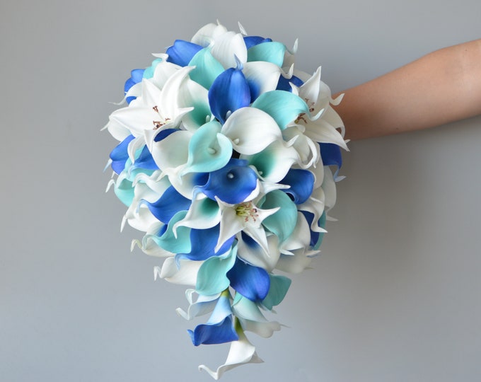 Royal Blue Turquoise Bridal Bouquet Calla Lily White Tiger | Etsy