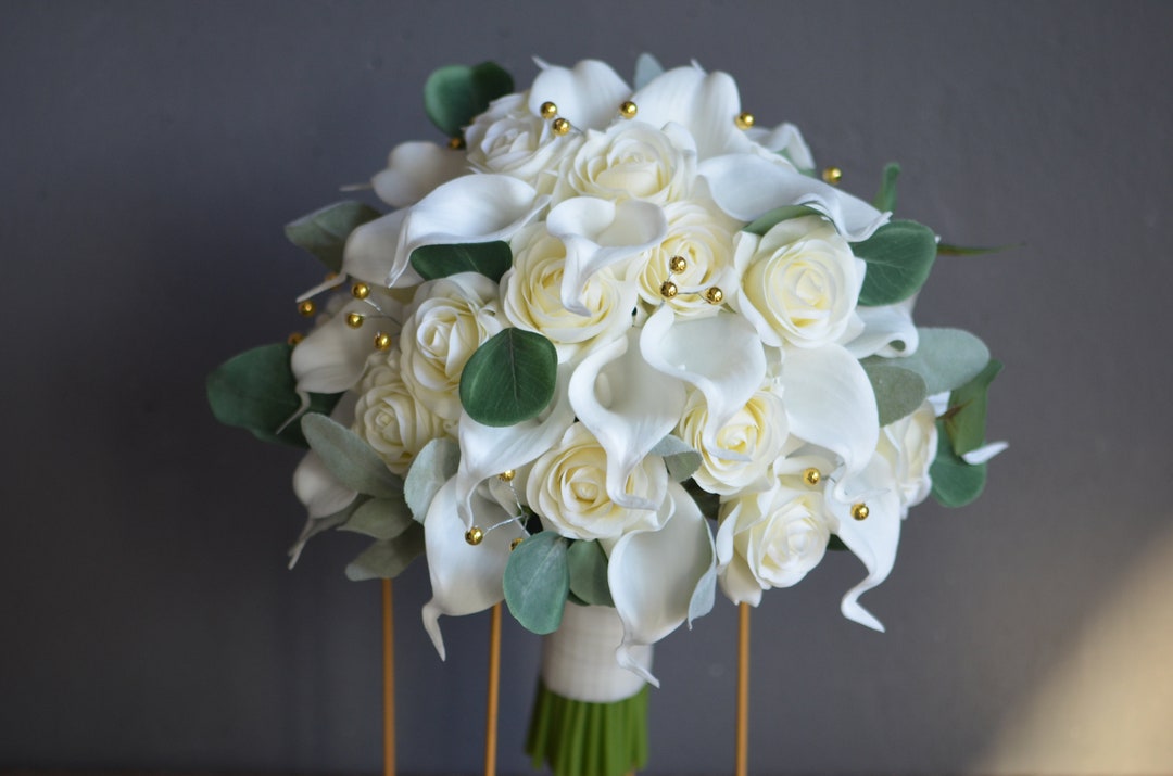 Ivory Greenery Real Touch Roses Wedding Bouquet, Cream Sage Green Calla ...