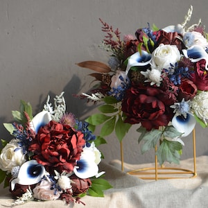 Navy Burgundy Wedding Bouquet, Real Touch Roses, Peony, Calla Lily, Handmade Faux Flowers ...