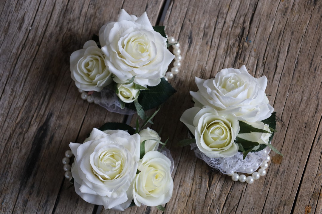 Fake Ivory Cream Rose Wrist Corsage, Wedding Boutonnieres, Faux Real ...